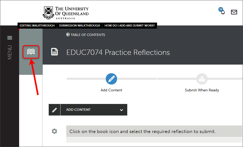 ePortfolio navigation (Ultra Student) - eLearning - University of Queensland